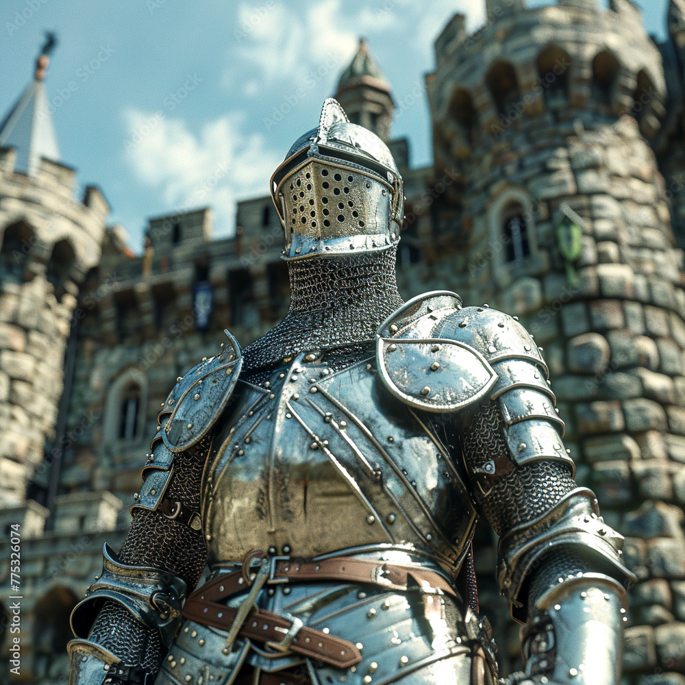 A silver knight armor suit standing guard in a fantasy castle, blending ...