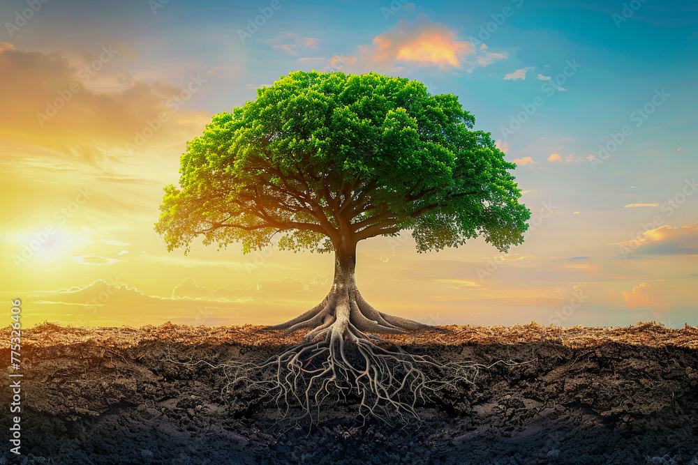 A solid oak tree with deep roots spreading through fertile soil ...