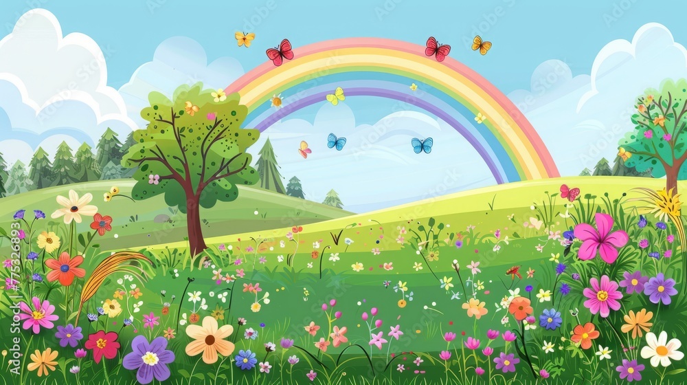 rainbow landscape cartoon. Stock Illustration | Adobe Stock