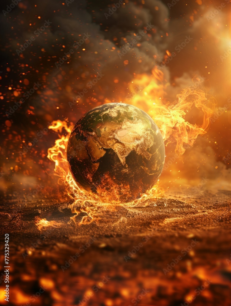Burning Earth globe on a fiery background - Dramatic image portraying a ...