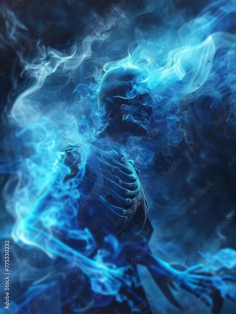 Smoke enshrouded blue skeleton with dynamic pose - The image captures a ...