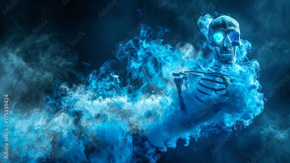 Eerie skeleton reaching out in blue mist - A ghostly skeleton reaches ...