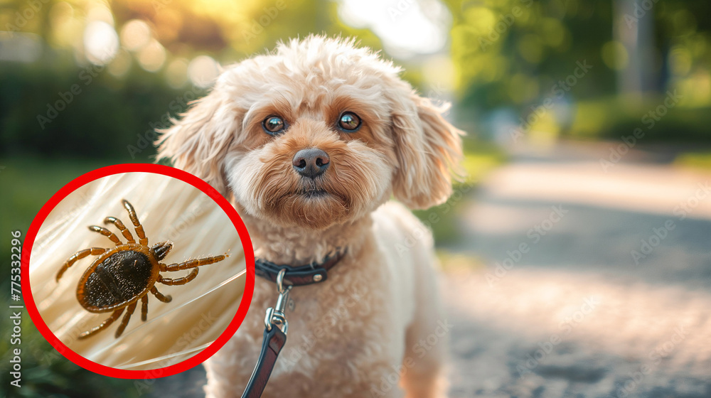 Cute beige poodle on background spring park and a macro collage of an ...