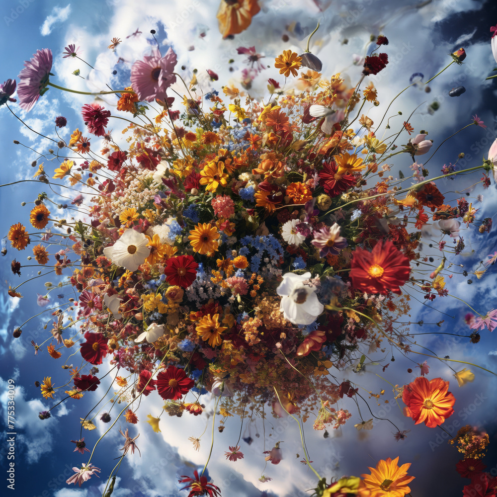 hyper realistic photo of an explosion of colorful flowers with blue sky ...