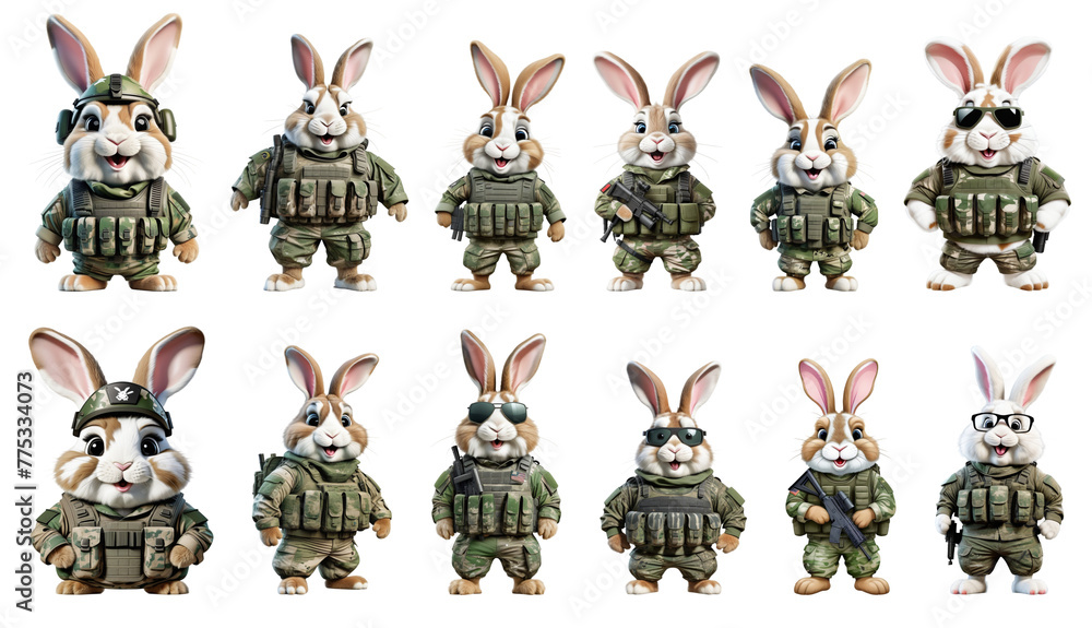 Cartoon 3D rabbits, hares in clothes: military, cool, uniform, khaki ...