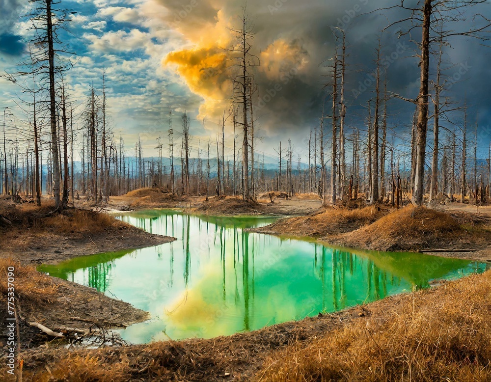 Stark landscape showing the impact of pollution with a toxic pond and ...