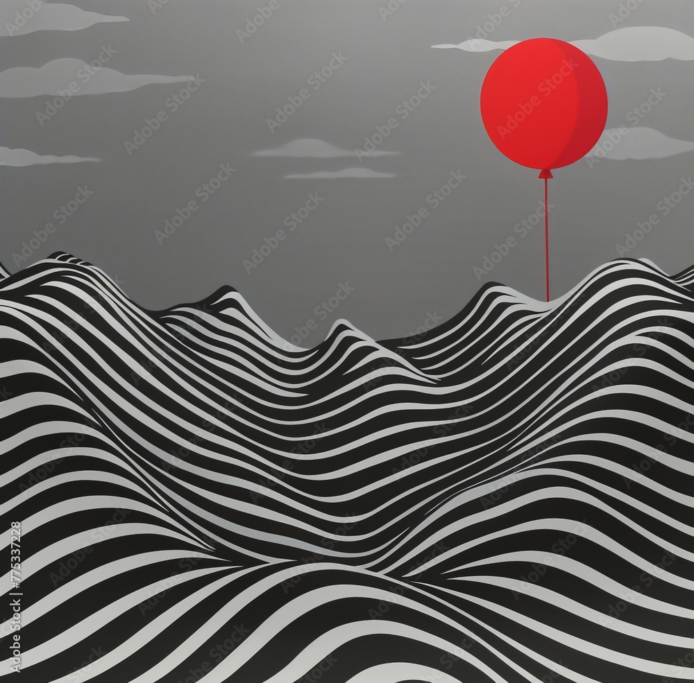 A black and white illustration of an undulating landscape with striped ...