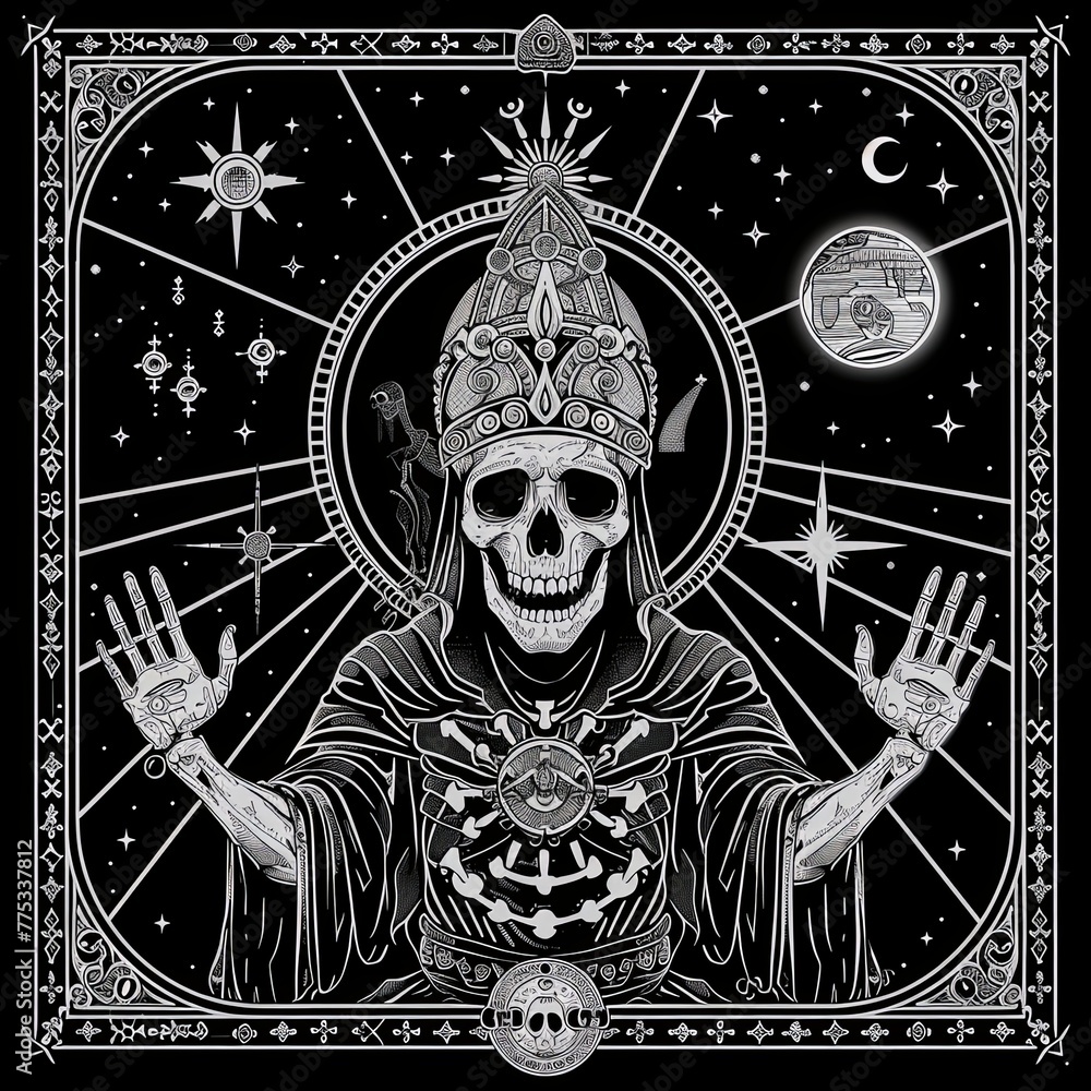 The painting depicts a skeleton with a crown on its skull against a ...
