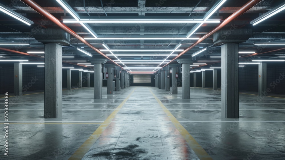 Empty parking lot with illuminated ceiling lights - A well-structured ...