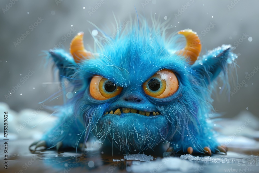 Cute Blue Furry Monster With Orange Eyes Resting on an Icy Surface ...