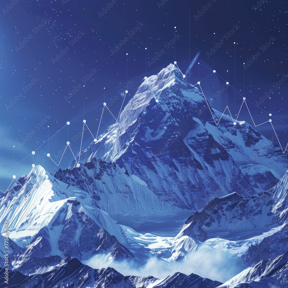 Mountaintop view with upward financial graphs, ambition blue background ...