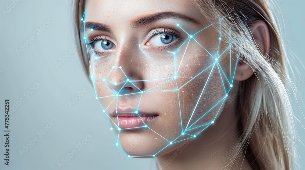 A woman's face with a grid of grids applied on top of it. Concept of ...