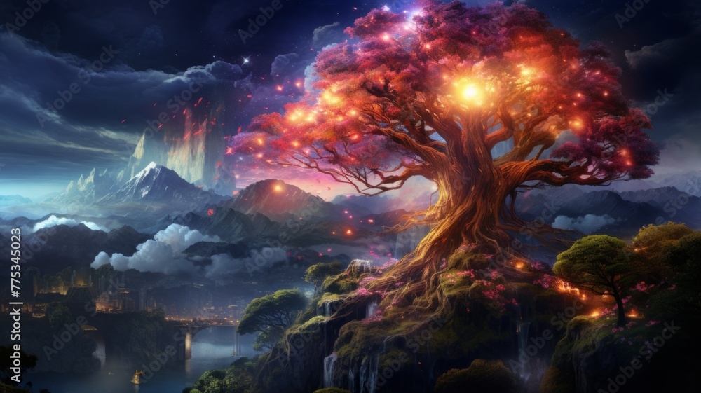 Fantasy artwork of a tree with fiery foliage - Vibrant digital painting ...