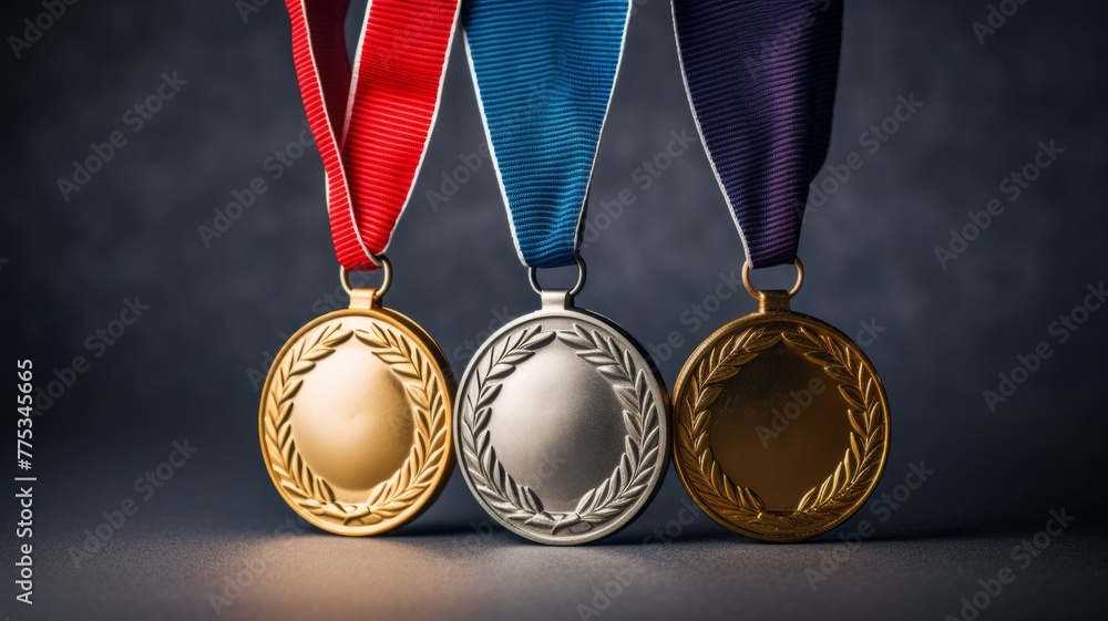 Three medals with ribbons hanging side by side - Gold, silver, and ...