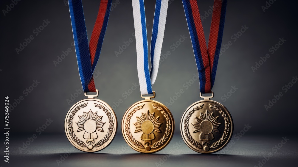 Collection of gold, silver, and bronze laurel medals - Rendered with ...