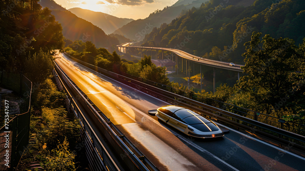 futuristic electric car with solar panels, road, night, traffic ...