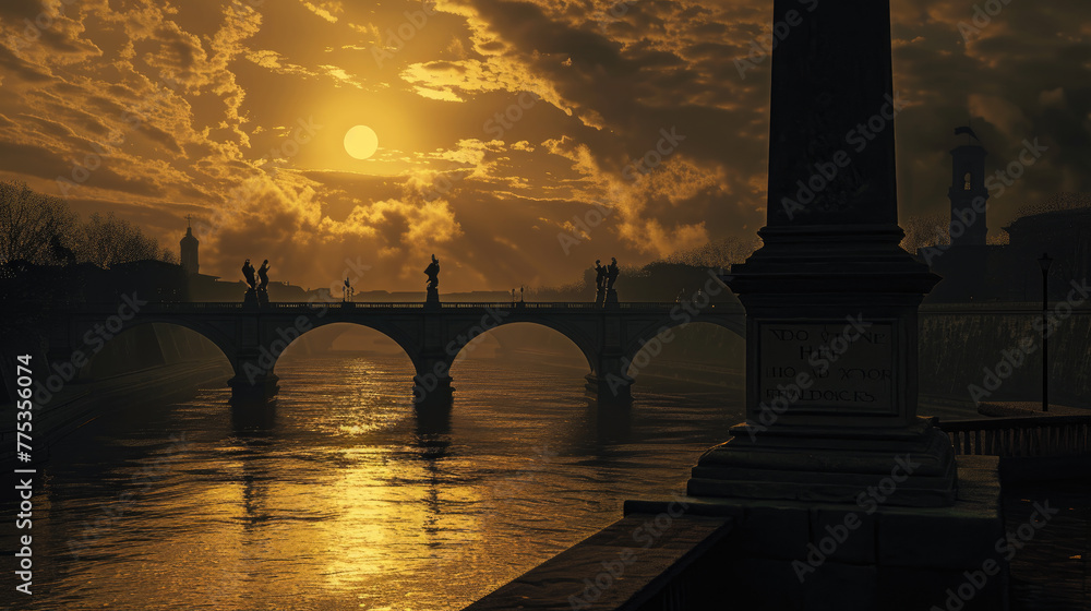 Mussolini Obelisk and Tiber River Bridge Engraving. Engraved History ...