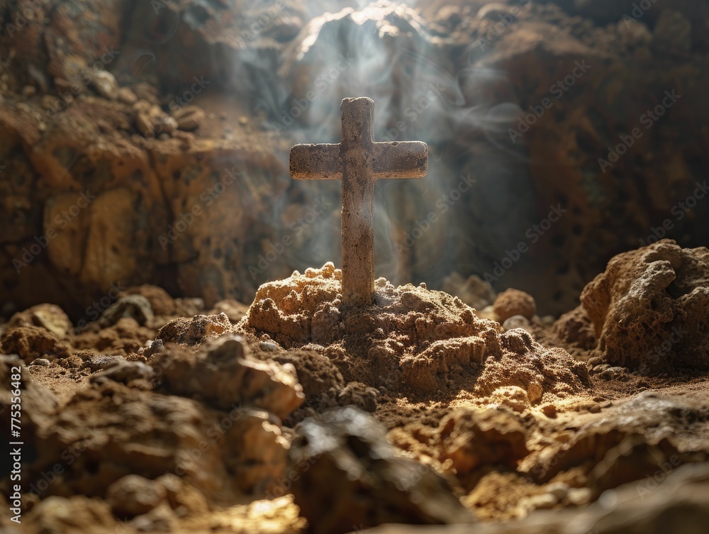 Ancient cross hidden in an unexplored cave, discovery brown background ...