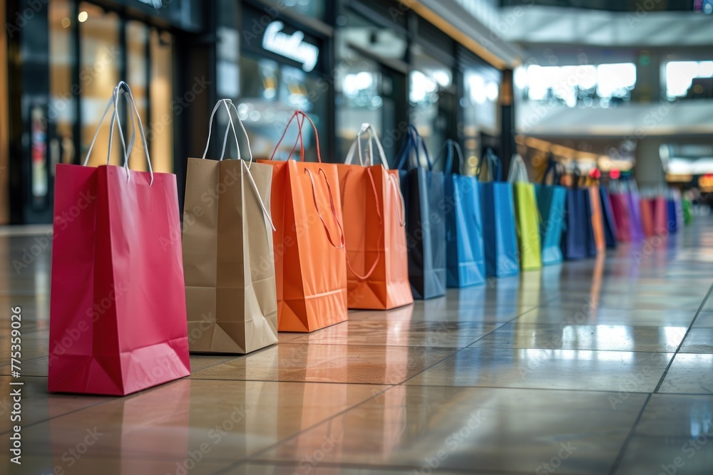 Row of shopping paper bags with purchases lie on floor of huge shopping ...