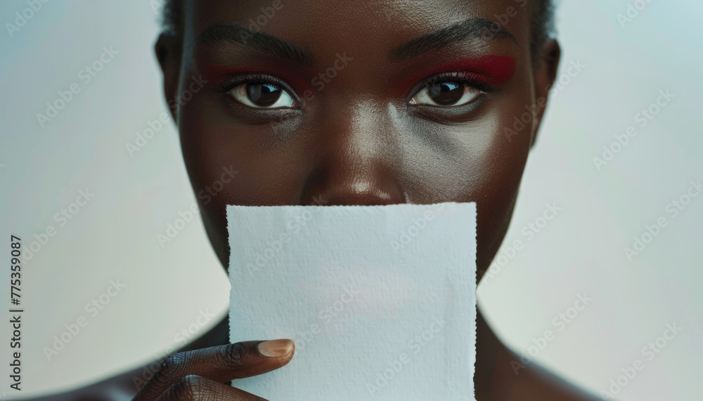 dark-skinned woman covers her lips with a piece of paper. Lip ...