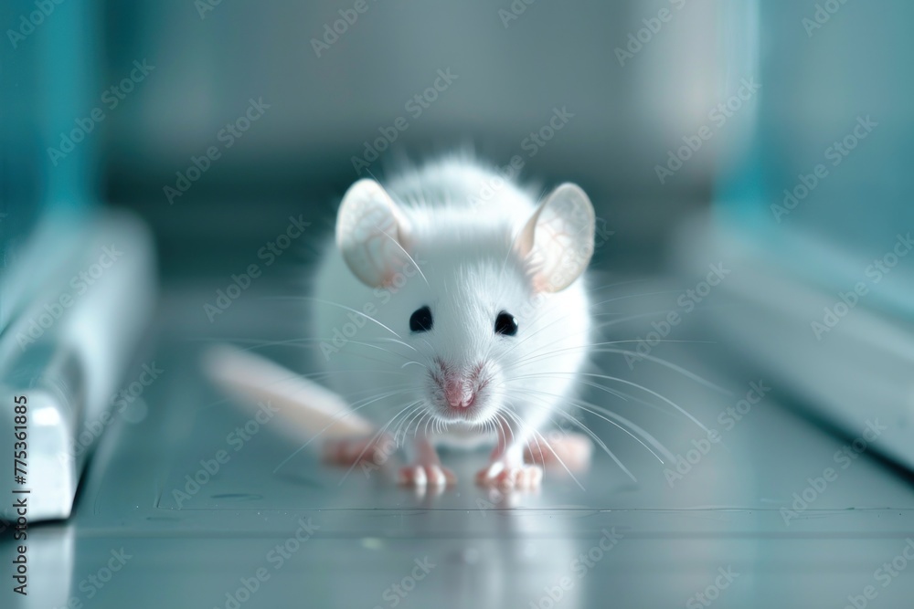 Small white laboratory mouse with dark eyes in metal lab office ...