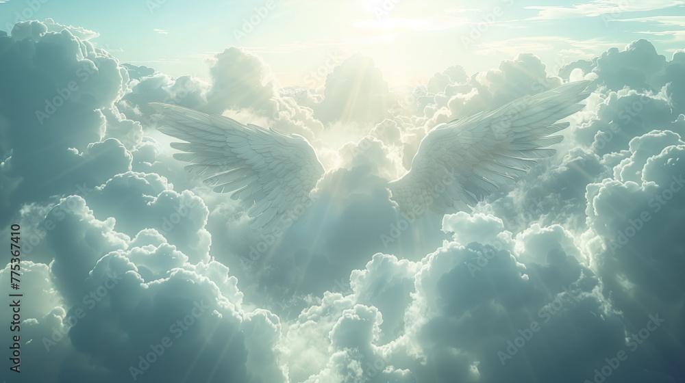 wings in the clouds. Angel wings in the white sky, rays of light, God's ...