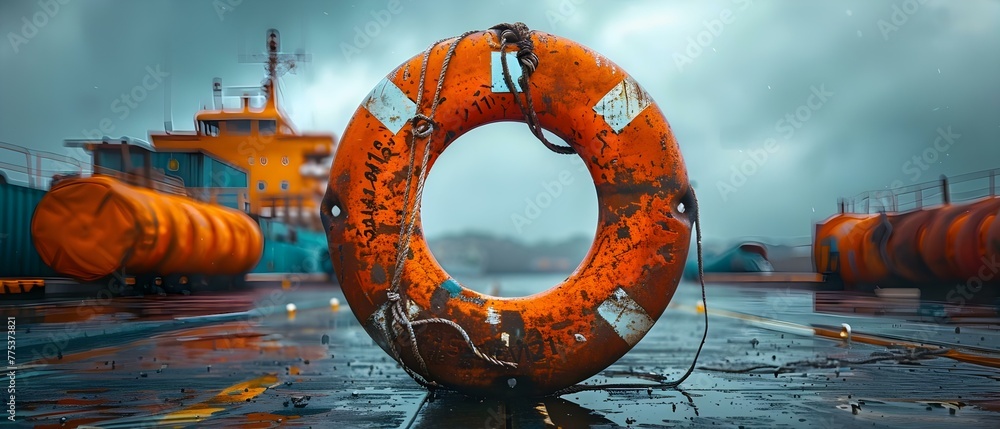 Professional marina worker repairing lifebuoy metal structure in port ...
