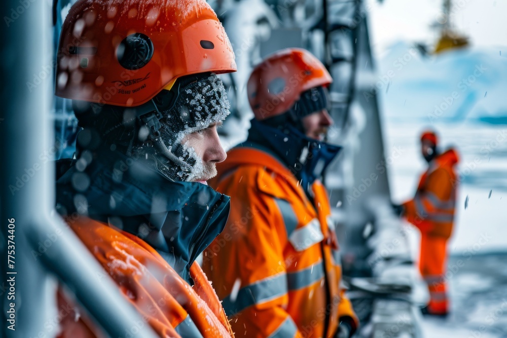 Maritime teamwork in harsh conditions: Ship crew working diligently at ...