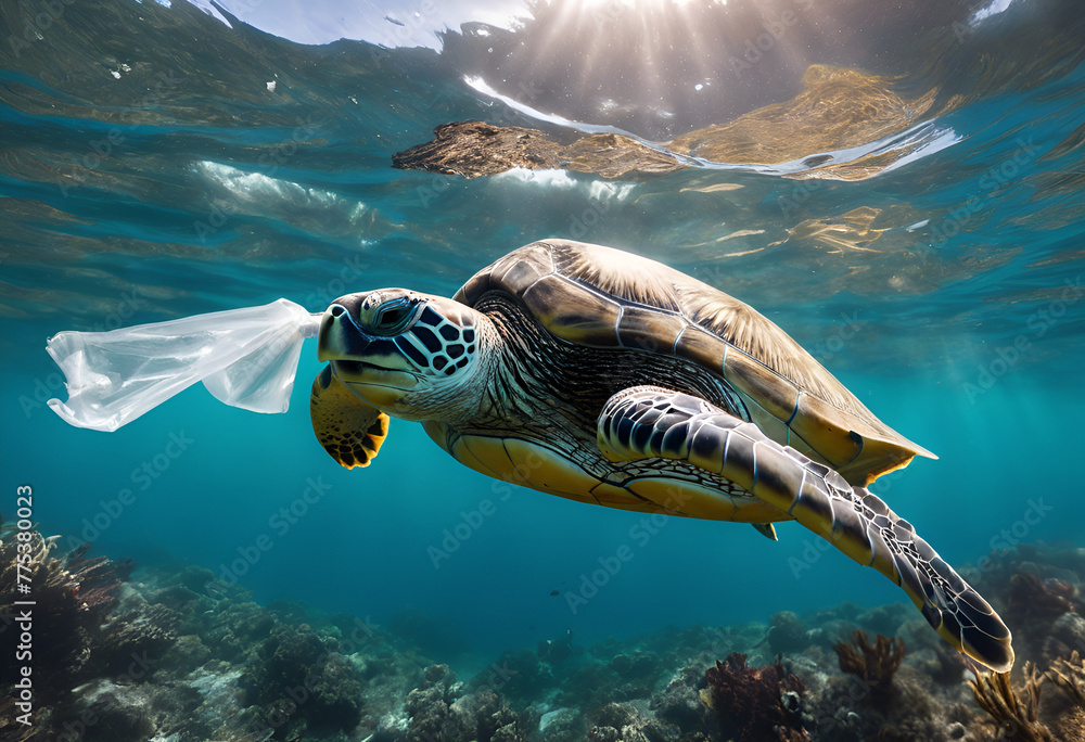 Sea turtle and plastic bag. Ecology problem photo. Marine green turtle ...