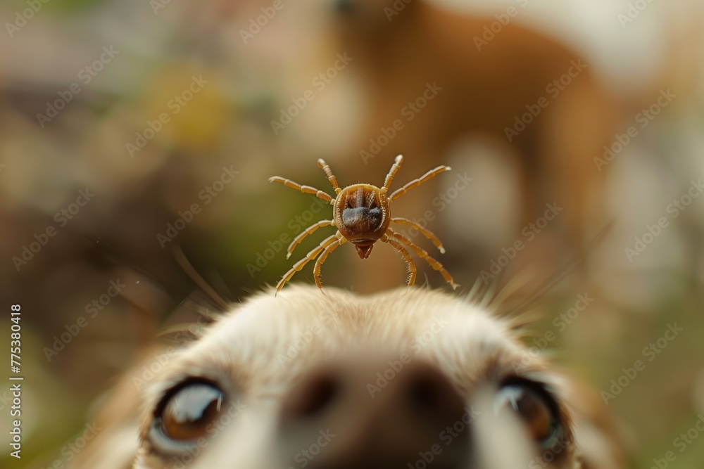 dog with big scared eyes looks at an ugly tick on his nose Stock ...