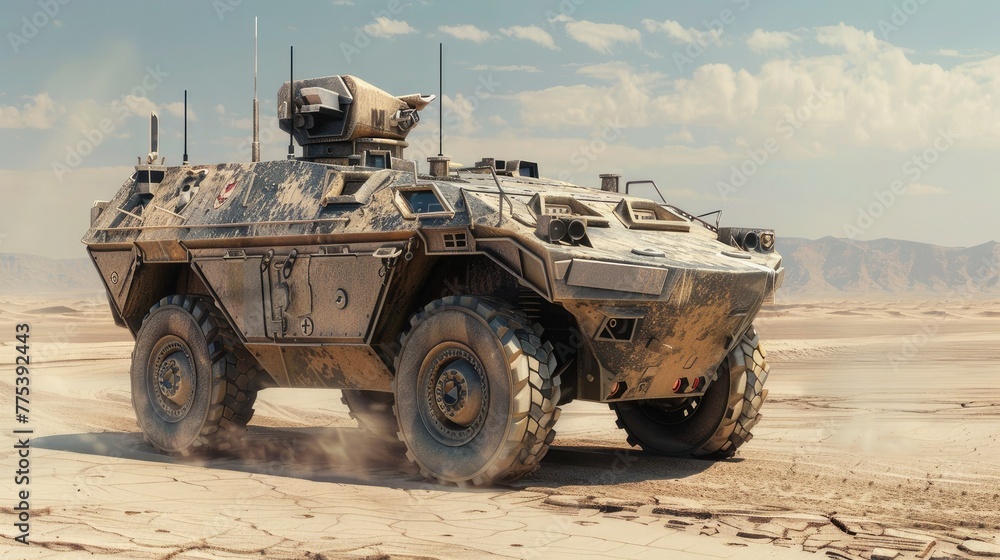 Military armored vehicles in the desert. In the background is a sandy ...