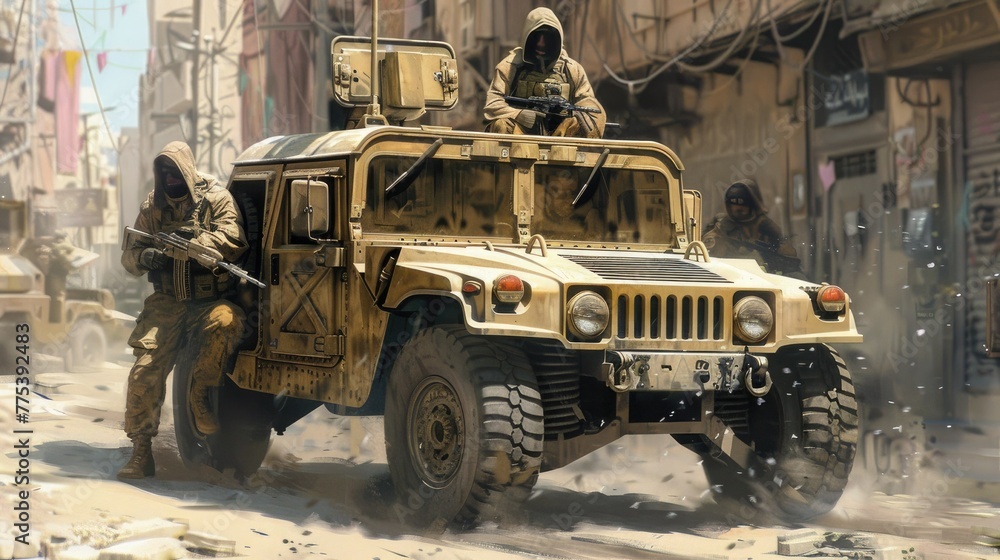 A military vehicle with soldiers on board drives down a city street in ...
