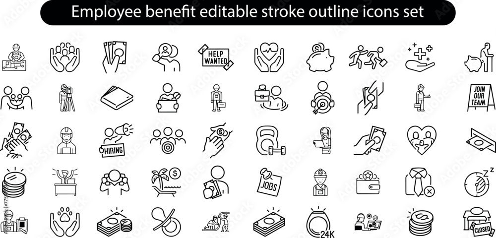 Employee benefit editable stroke outline icons set isolated on white ...