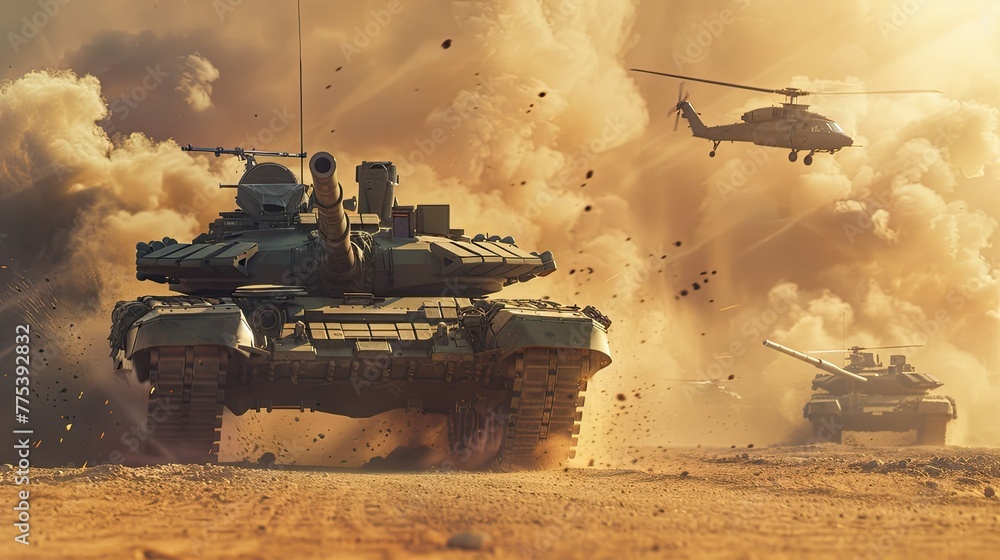 An armored fighting vehicle with long guns on the roof moving in front ...