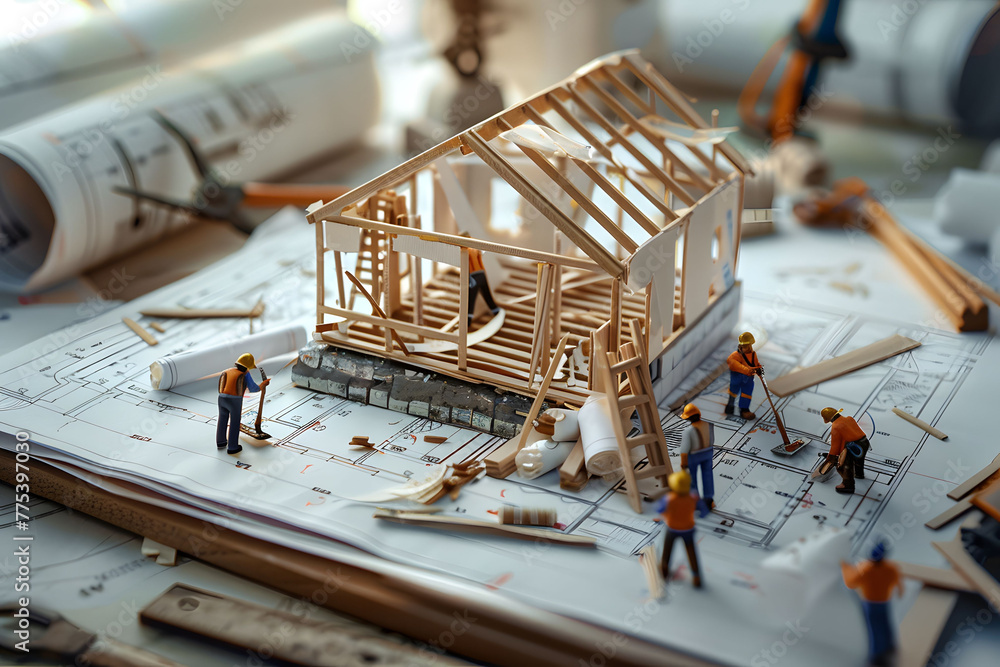 Tilt shift photo of miniature construction workers building a house ...