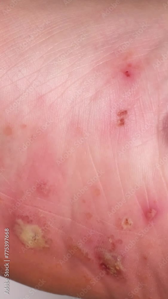 Woman showing her damaged sole. Huge wound on female skin after several ...