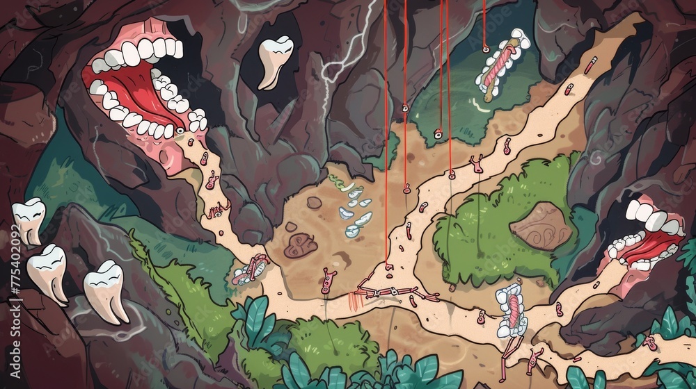 Comic treasure hunt in the cave of teeth with a map made of dental floss --no text, titles --ar ...