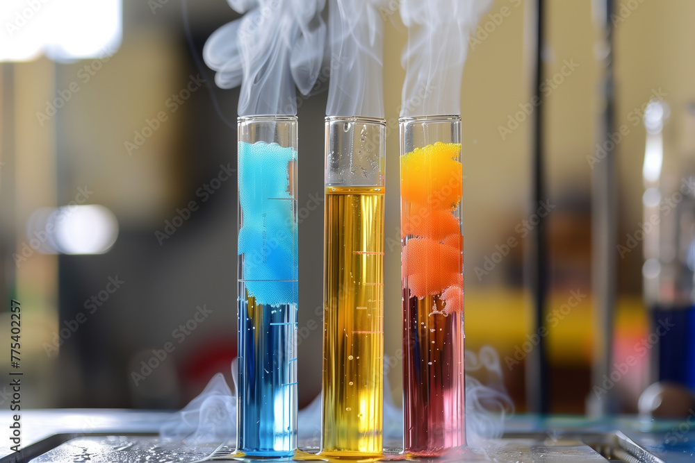 Vividly colored smoke ascending from test tubes in a science experiment ...