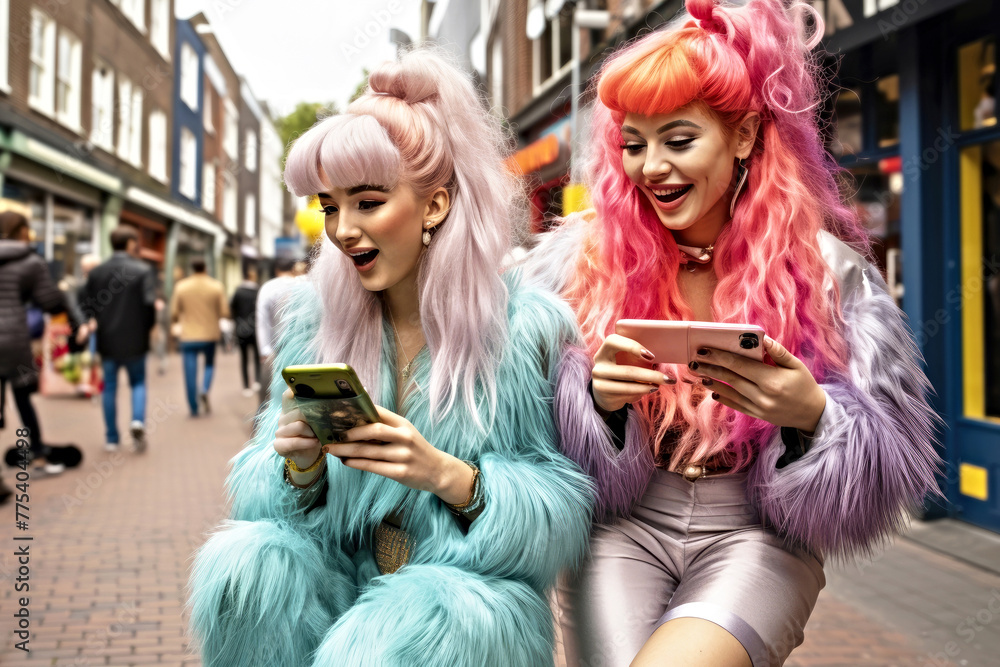 On a city street, two Y2K-styled young, smiling gen z girl friends with ...