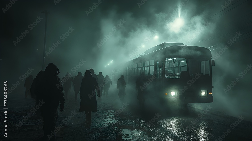 bus is traveling in a black fog in complete darkness surrounded by dark ...