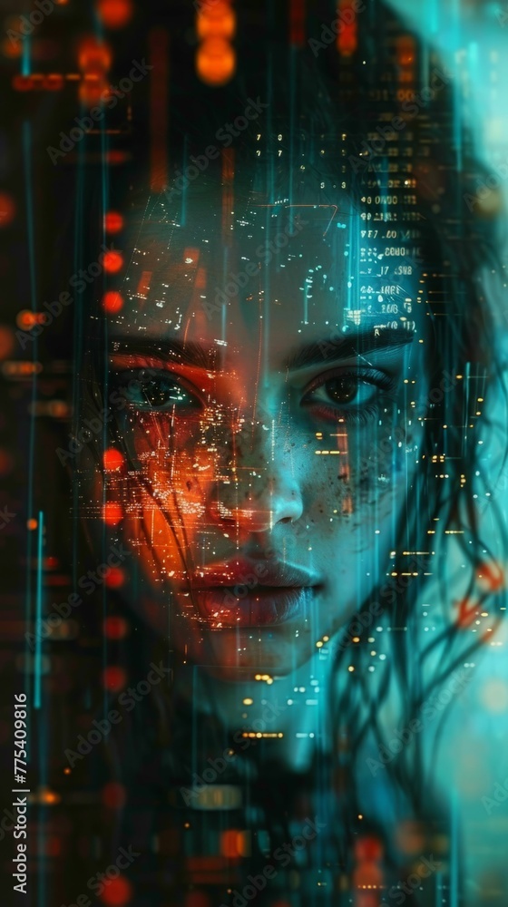 Face with a digital glitch effect, half-human, half-virtual, set ...