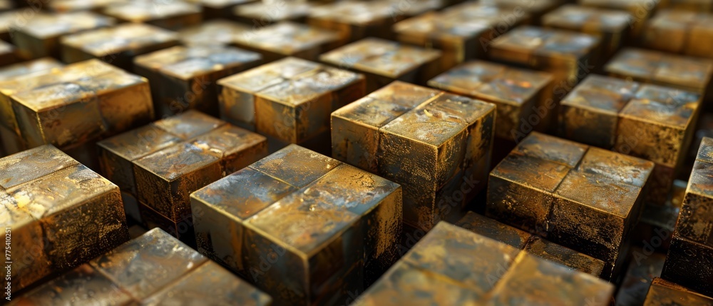 Many gold cubes arranged in a square formation, each containing smaller ...