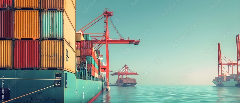 A crane unloading containers from a freight ship at a busy cargo port ...