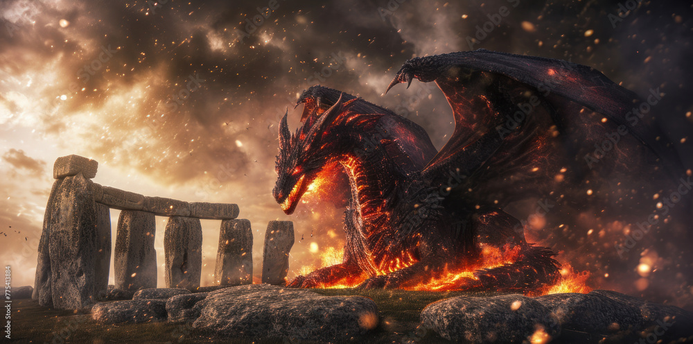 Angry evil dragon with red eyes and fire flames at Stonehenge. Stock ...