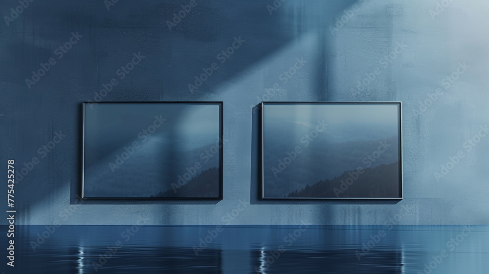 Two panoramic mockup art frames on a glossy midnight blue wall, each ...
