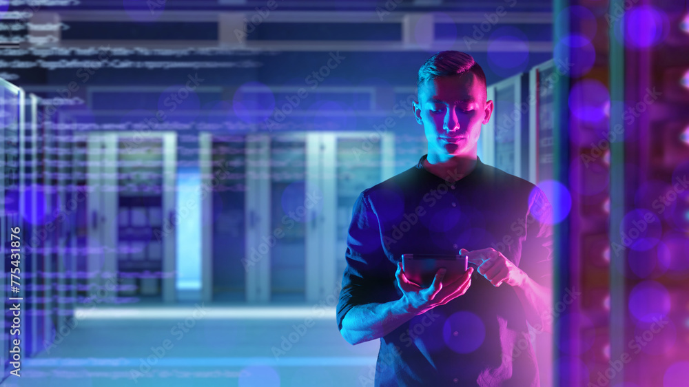 Man web developer. Programmer with electronic tablet. Server software ...