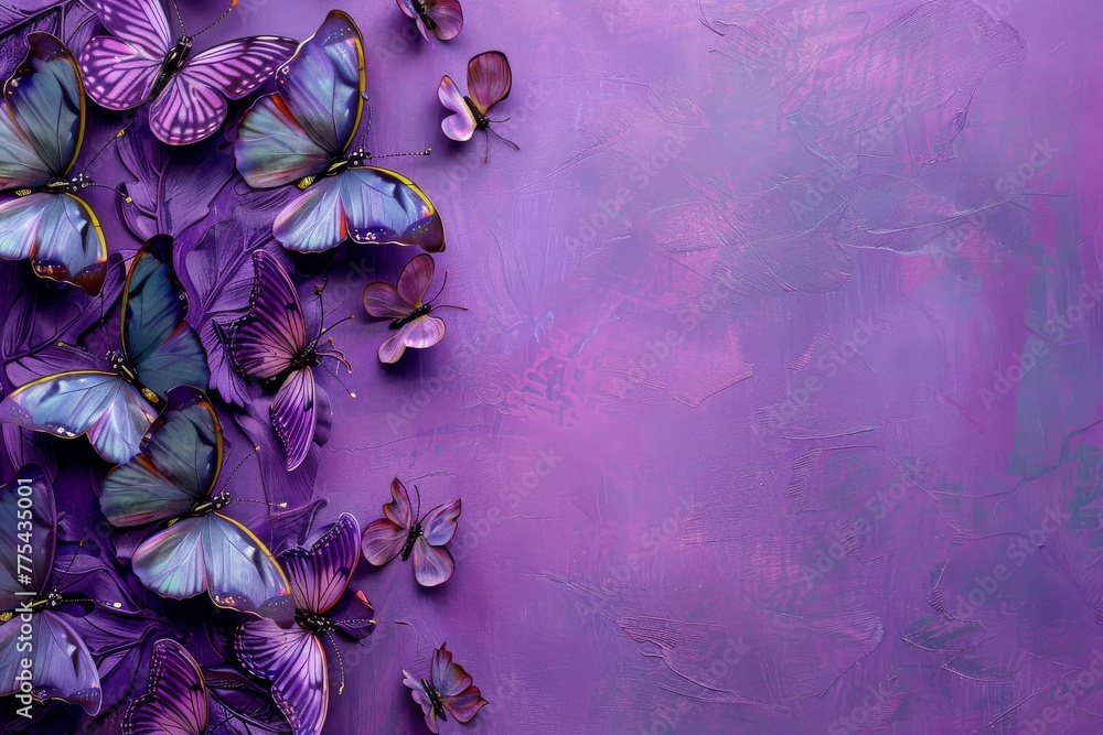 A beautiful display of purple butterflies fluttering over a lush ...