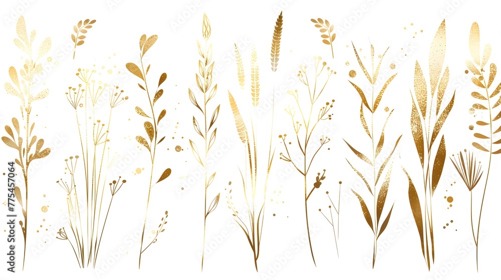 Vector plants and grasses in gold style with gloss effects and and gold ...