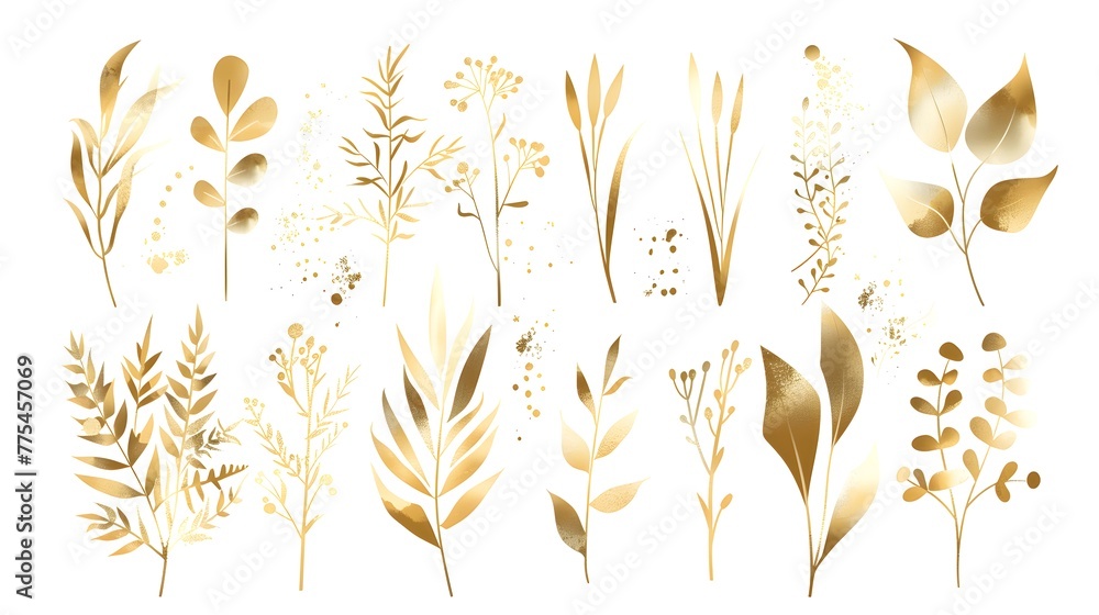 Vector plants and grasses in gold style with gloss effects and and gold ...