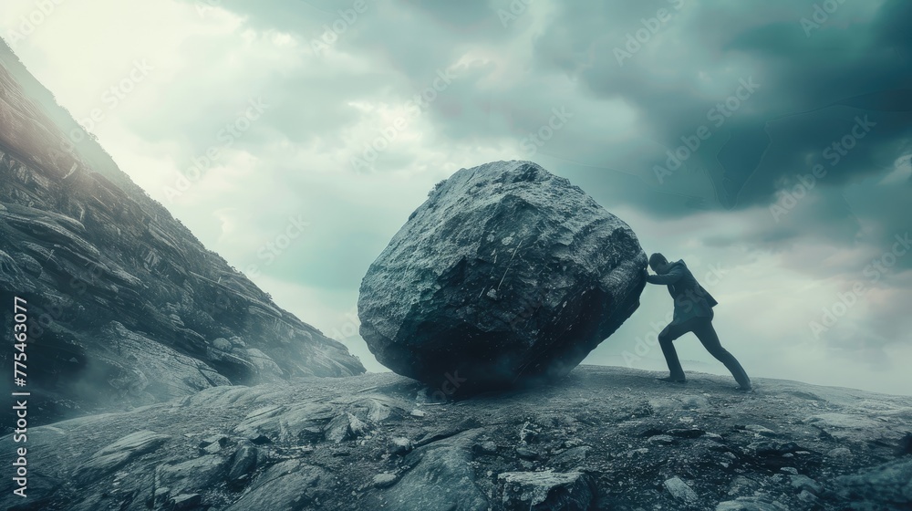 Businessman pushing stone uphill, symbolizing challenges, Ai Generated ...